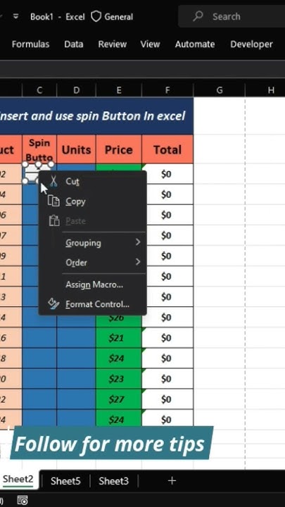 How insert and use spin Button In excel #ExcelTips #ExcelTricks #ExcelShortcuts #ExcelFunctions ...