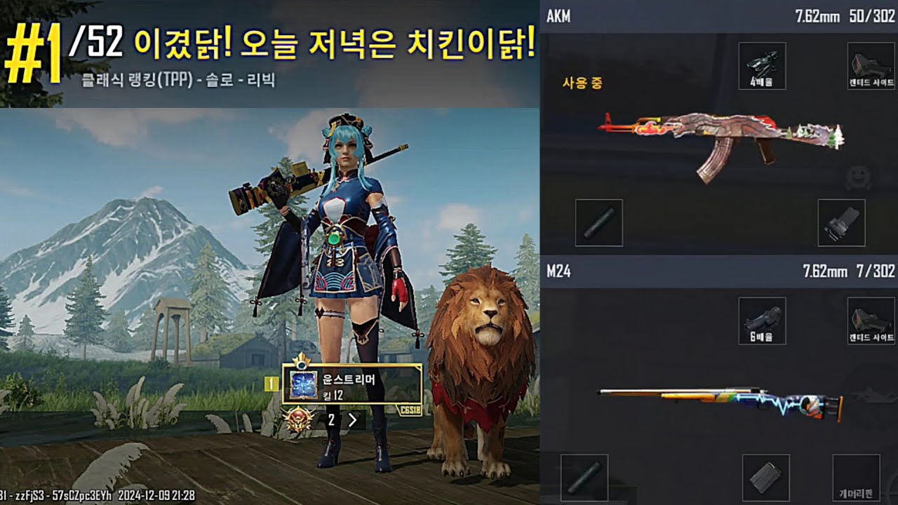 리빅맵에서 AK&M24 총 조합으로 12킬 + 1등 치킨이닭. | 배그M - YouTube