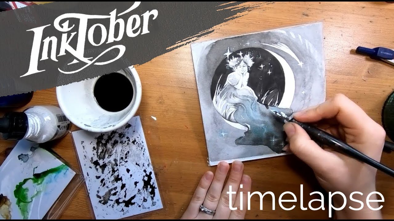 INKTOBER TIMELAPSE - "Inspiration" Mucha inspired ink painting - YouTube