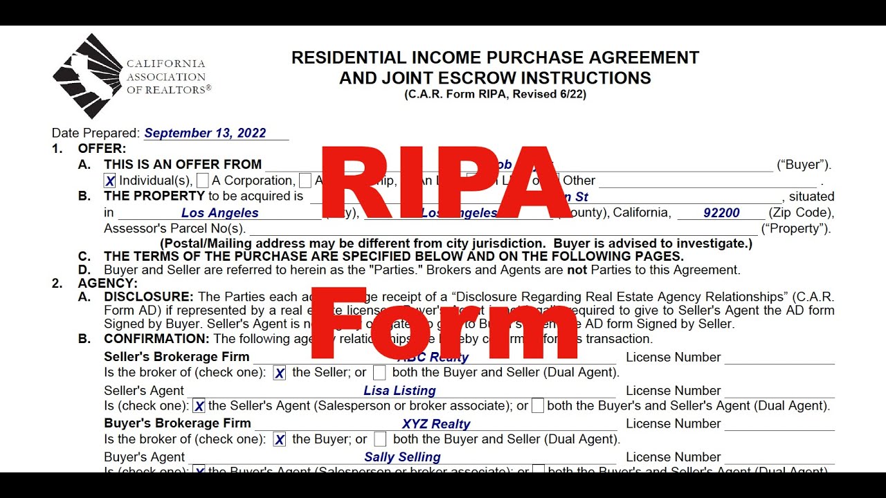 New 2022 Residential Income Purchase Agreement - CAR form RIPA - YouTube