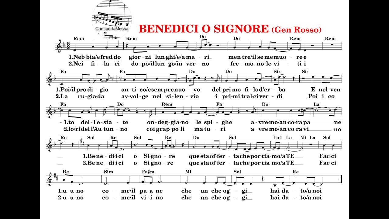 BENEDICI O SIGNORE 🙏 (Gen Rosso) spartito accordi testo (choir ...