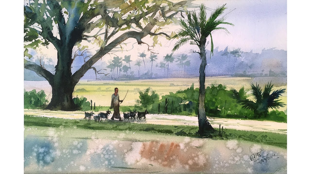 Watercolor Landscape Painting | A man with goats | Prashant Sarkar ...
