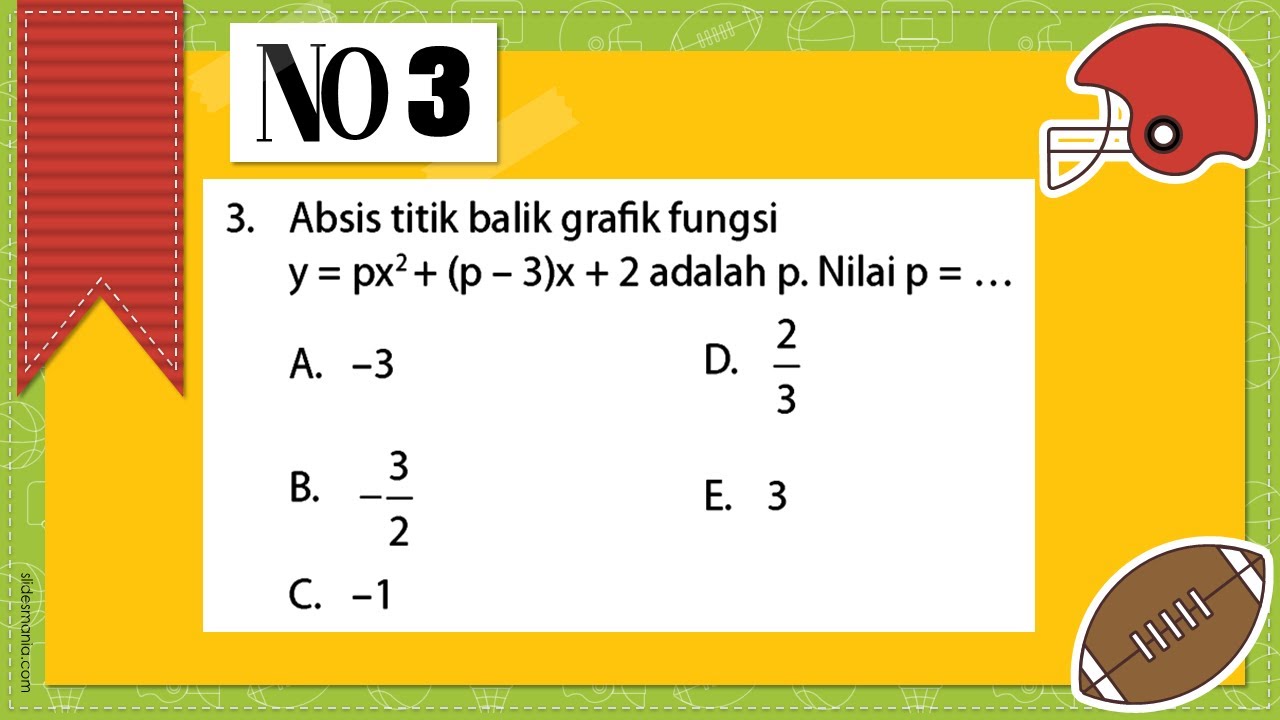 Absis titik balik grafik fungsi y = px² + (p - 3)x + 2 adalah p. Nilai ...
