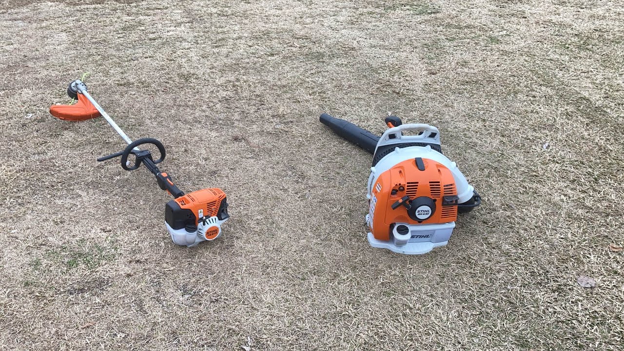 Cold starting the Stihl FS91R trimmer and Stihl BR430 backpack blower ...