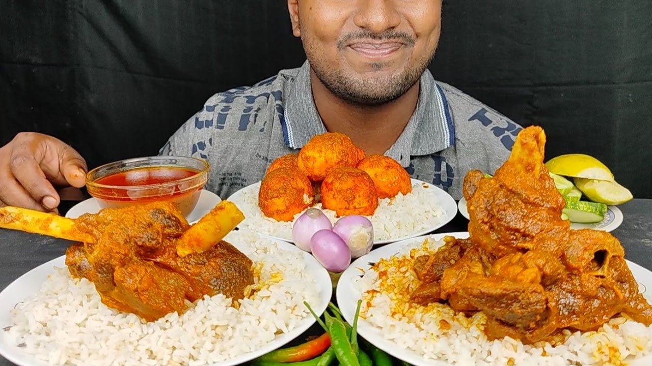 Eating Mutton Leg Curry, Spicy Mutton Curry, Egg Curry with Rice ...