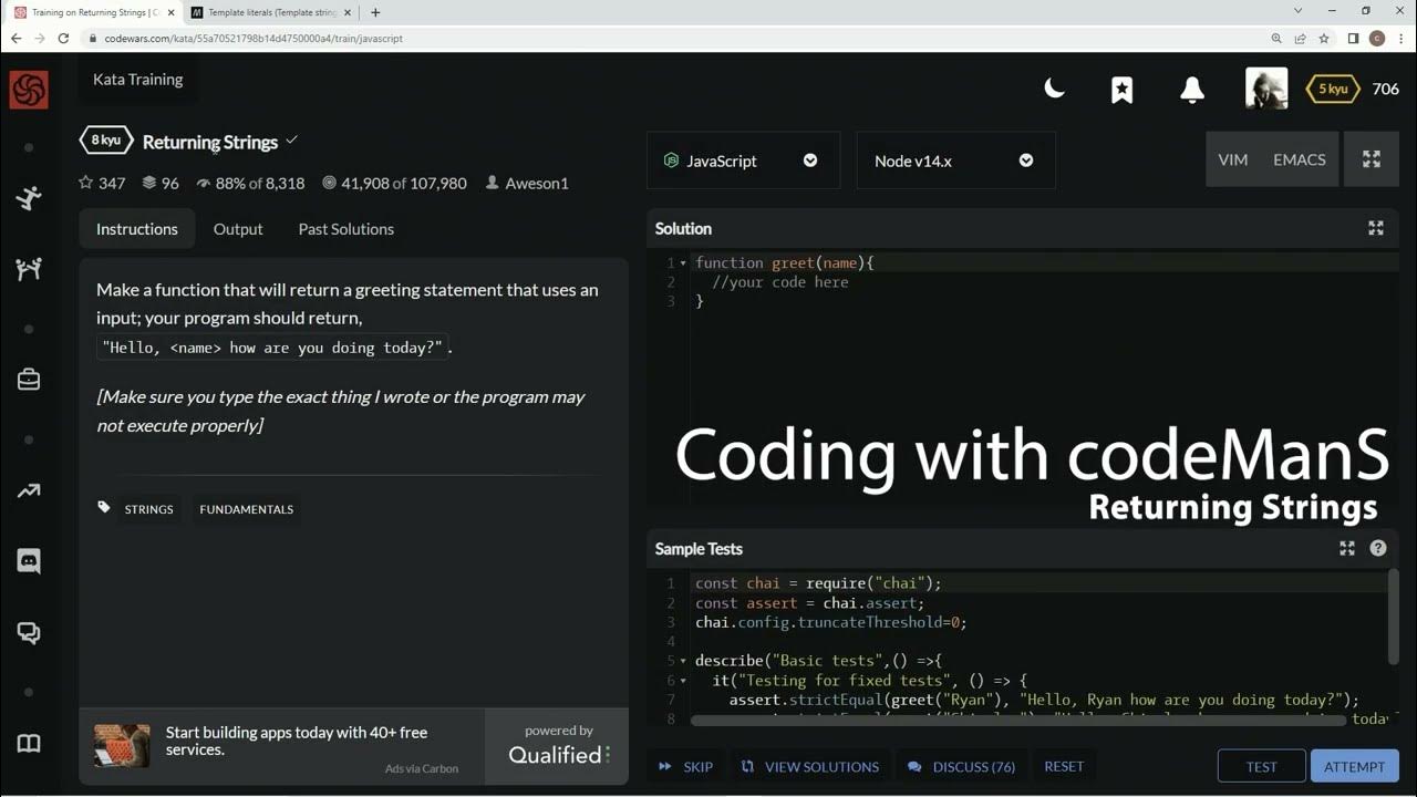 Codewars 8 Kyu Returning Strings Javascript Youtube