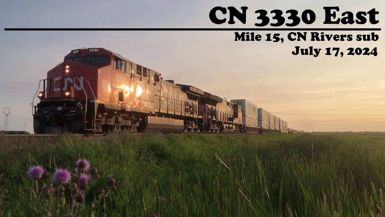 CN @ Sunset - CN 3330 East at Mile 15, west of Winnipeg MB, July 17 ...
