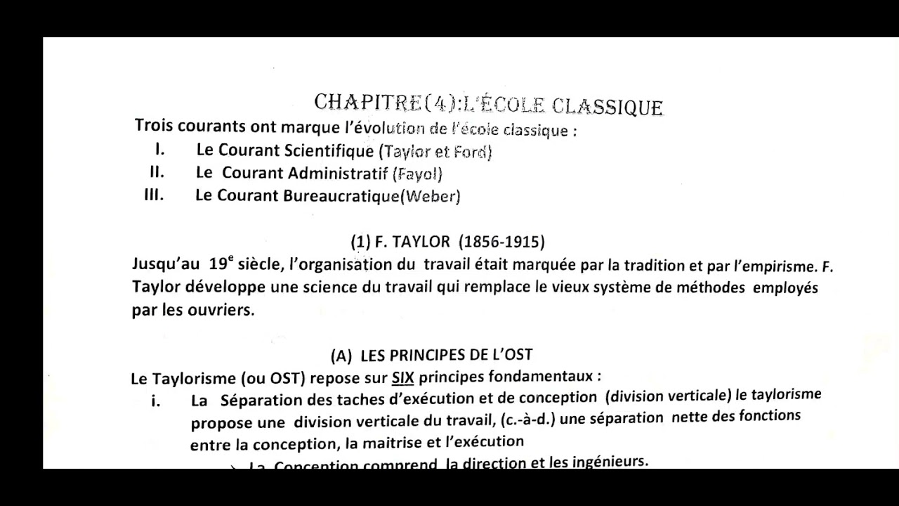 Management S2: chapitre 1: l'école classique: A: le courant ...
