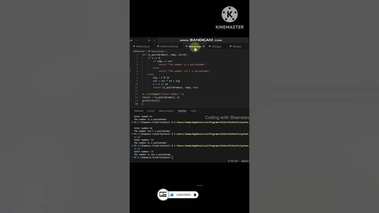 Palindrome Python |While Loop| Builtin Function| Recursion| Slicing| String ...