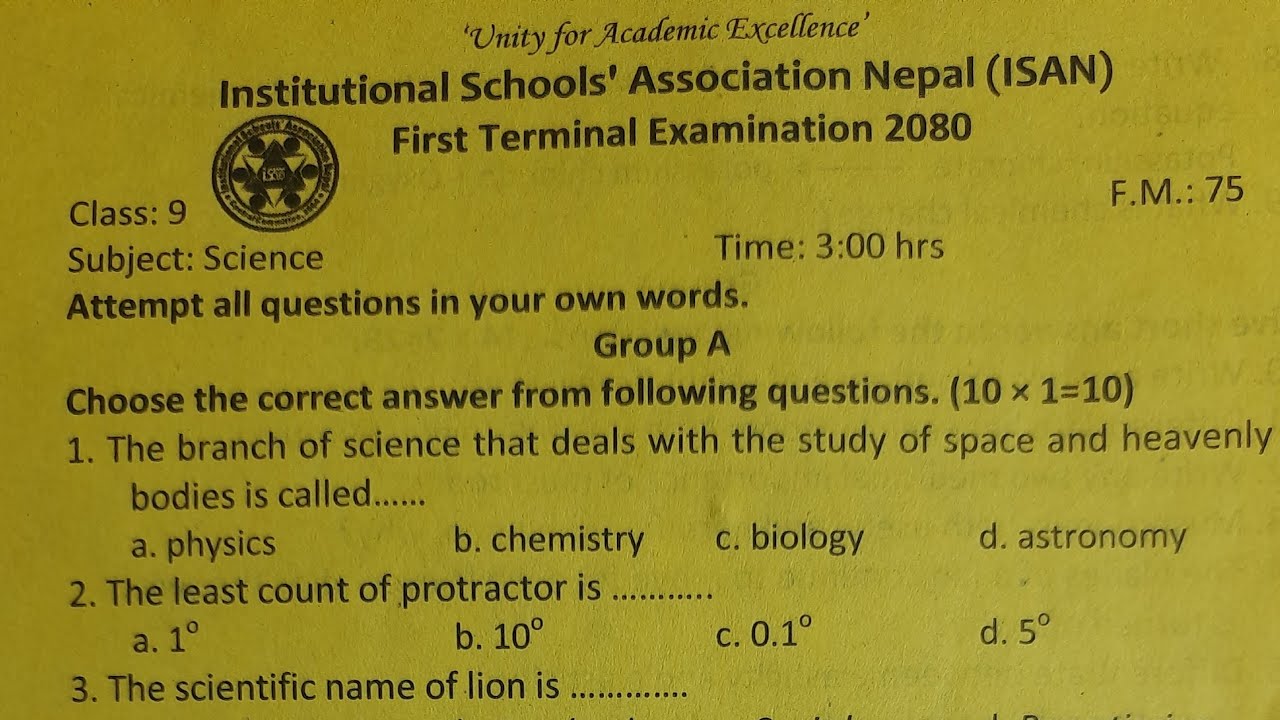 Latest Science Question- 1st Term Exam 2080, Class 9, ISAN,Bhaktapur ...