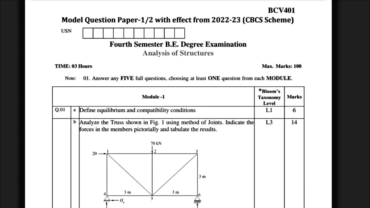 Analysis of Structures (BCV401) MODEL QUESTION PAPER 2022 scheam FOR CV stream - YouTube