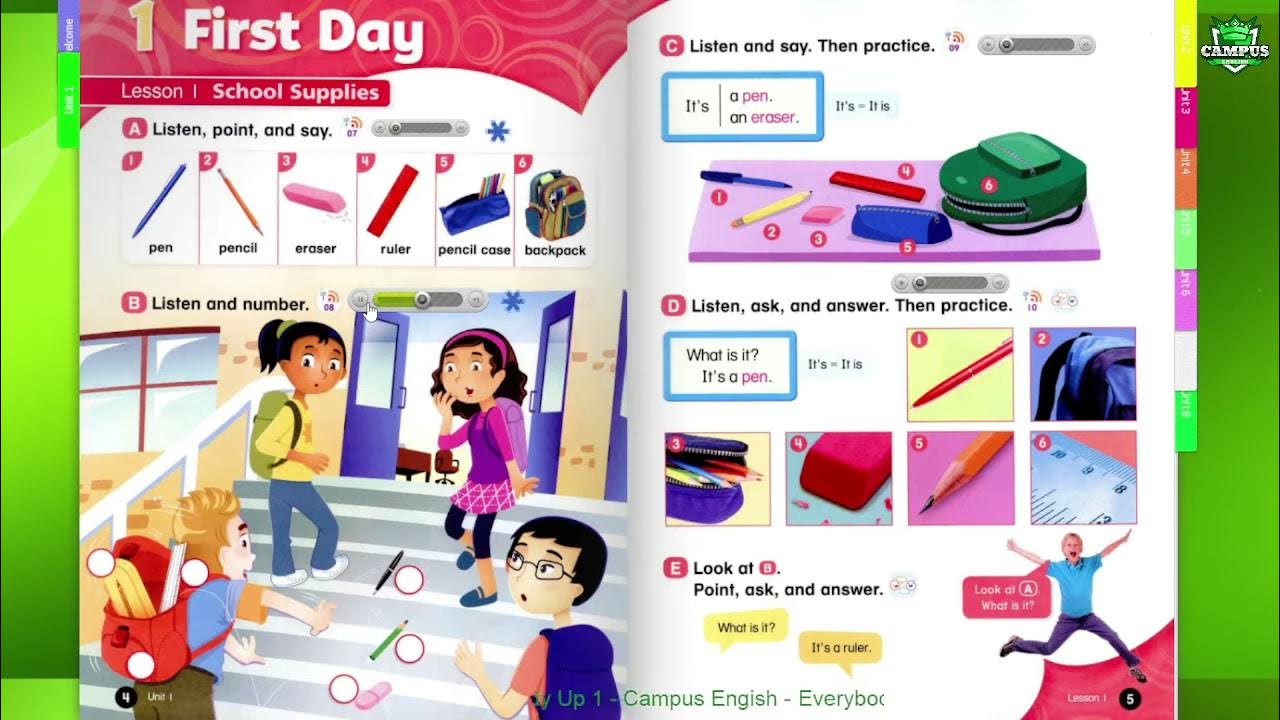 Everybody up 1 Unit 1 First day Lesson 1 School supplies - YouTube