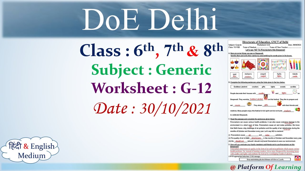 Class 6 Class 7 Class 8 Generic Worksheet G 12 Saturday 30102021 Doe Delhi Worksheet