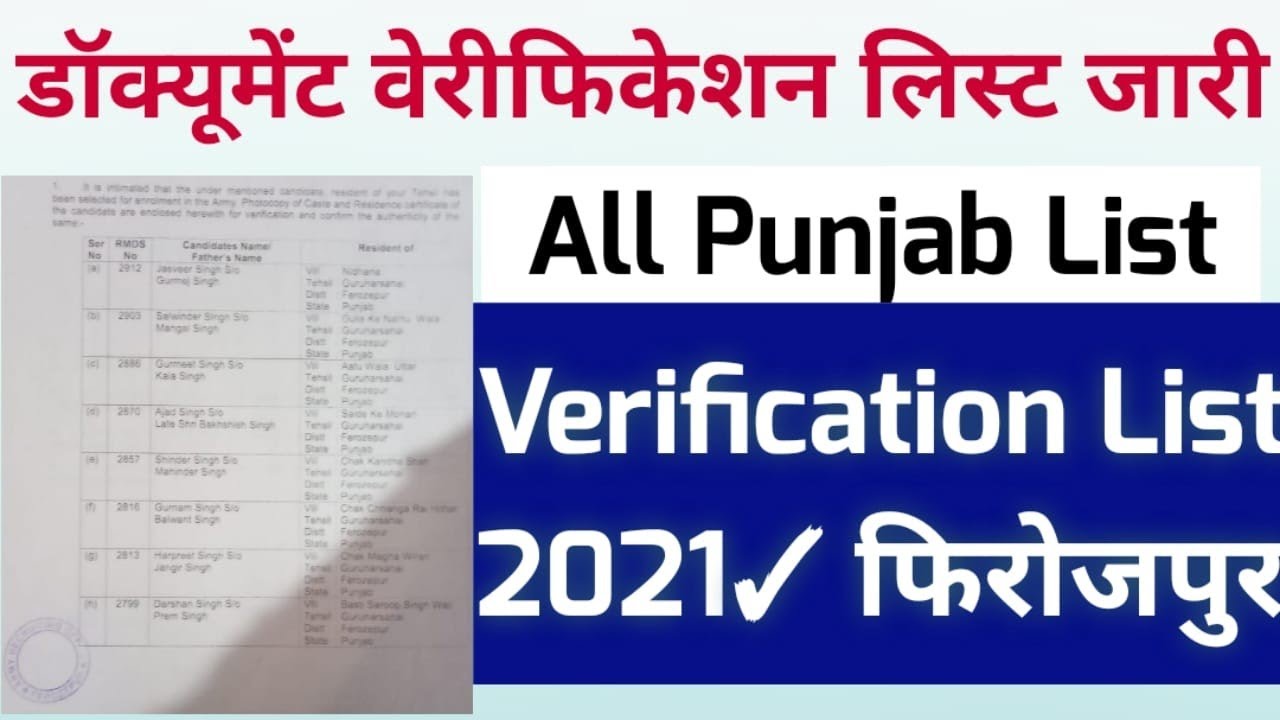 Army Verfication List Issue 2021| Aro Ferozepur Document Verification ...