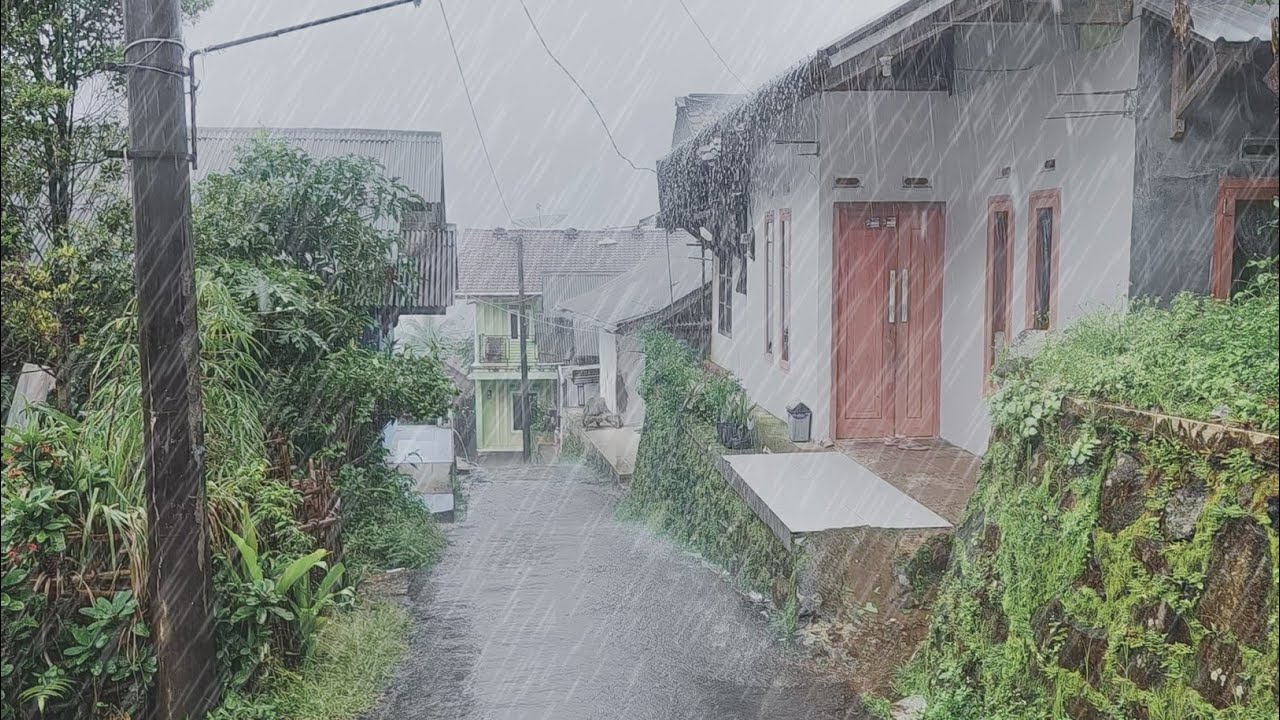 Walking in my village during heavy rain, heavy rain and thunderstorm, 3 ...