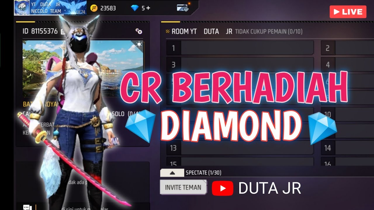 LIVE FF CR BERHADIAH 💎 FREE FIRE BATTLE ROYALE - YouTube