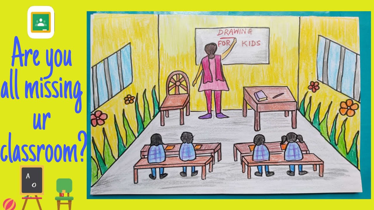 How to draw & colour ur classroom of school for kids & beginners| Draw ...