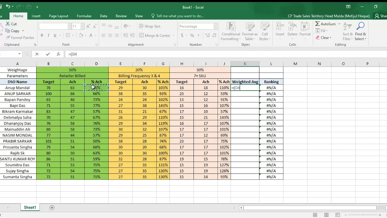 Ranking basis on achievement in Excel by weighted average - YouTube