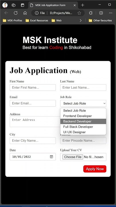 Job Application Form | HTML or CSS | #mskwebproject-27 #mskinstitute ...