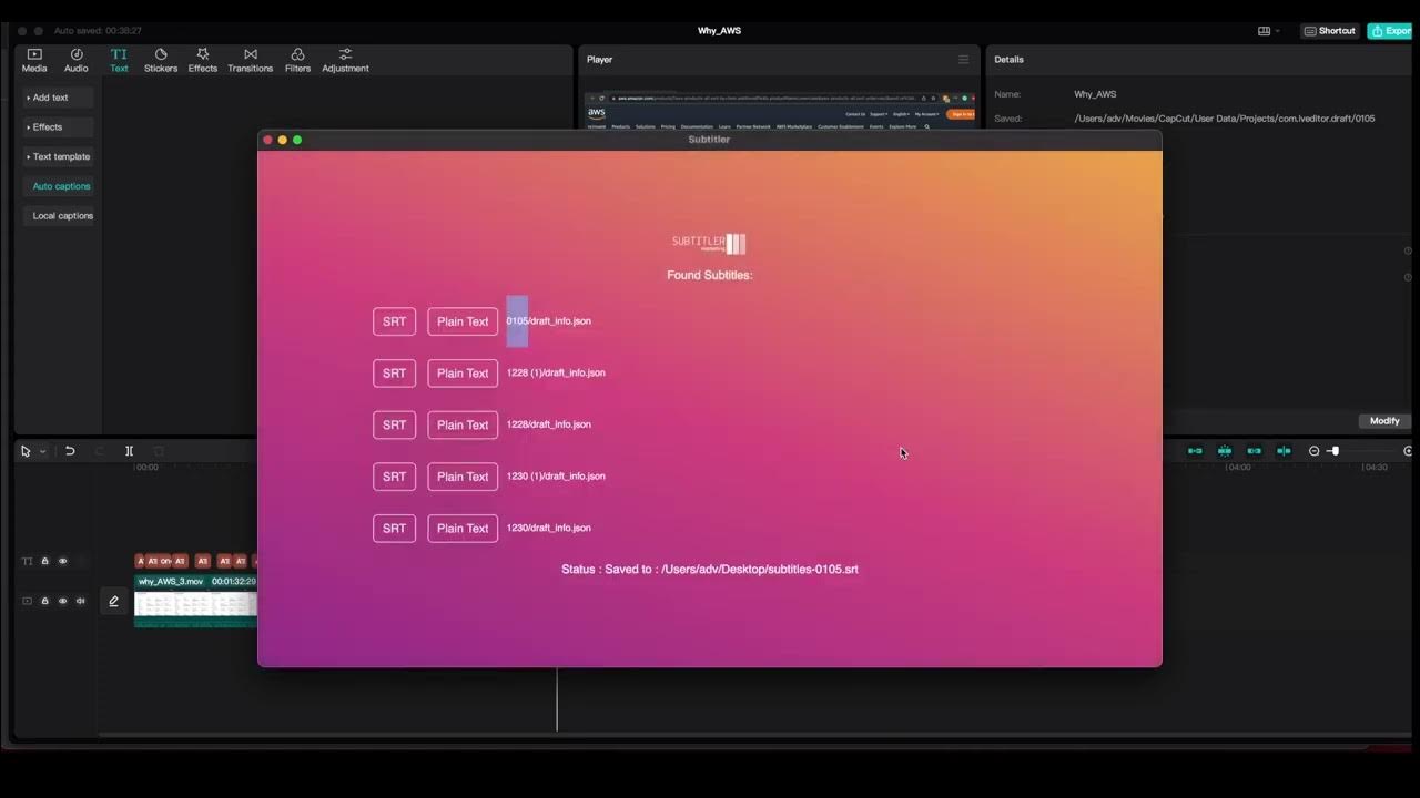 Save or extract the auto-generated subtitles by CapCut as SRT files or as a text file on MacOS ...