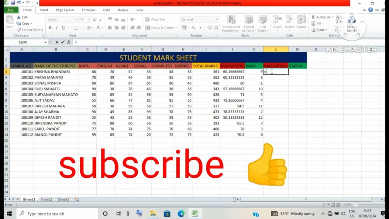 How to make a MarkSheet in excel ! MS Excel - Student Mark Sheet Calculation Sum, Averag, - YouTube