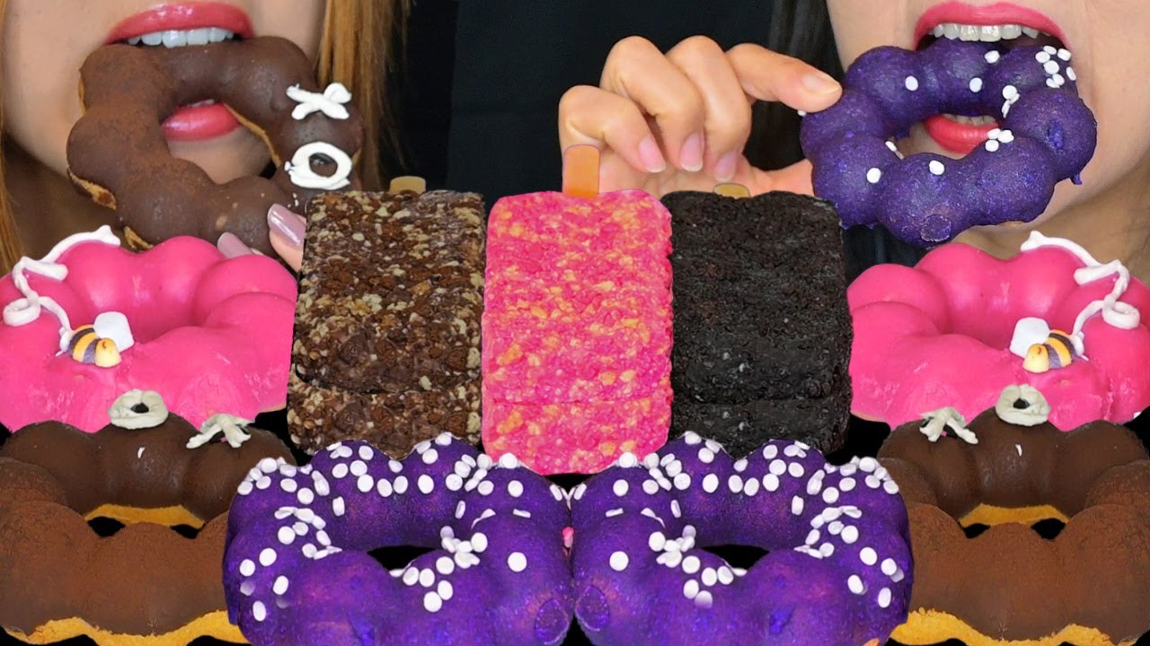 ASMR EATING MOCHI DONUTS & SOFT ICE CREAM CAKE BARS! CHOCOLATE, OREO ...