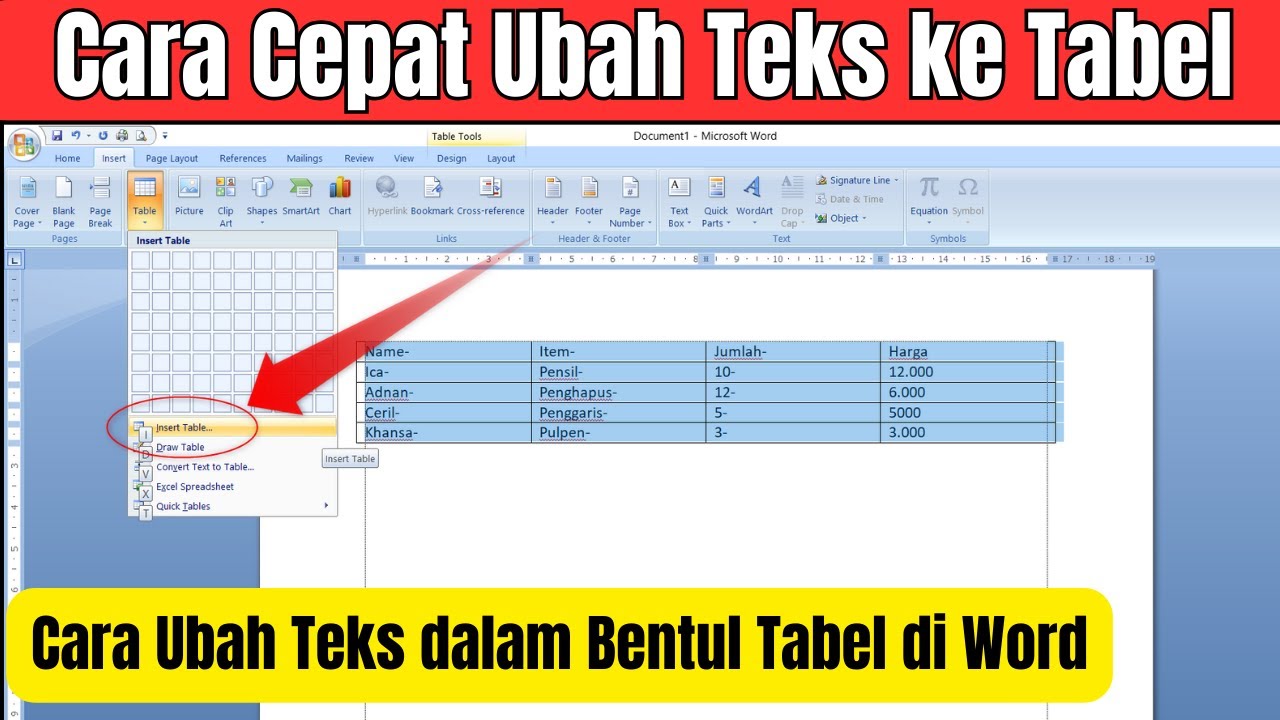 Cara Cepat dan Mudah Ubah Teks atau Tulisan dalam Bentuk Tabel di Word ...