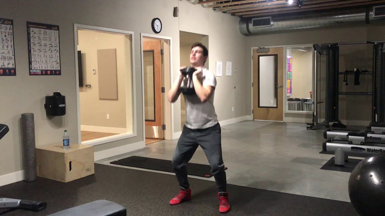 Dumbbell goblet squat to overhead press - YouTube