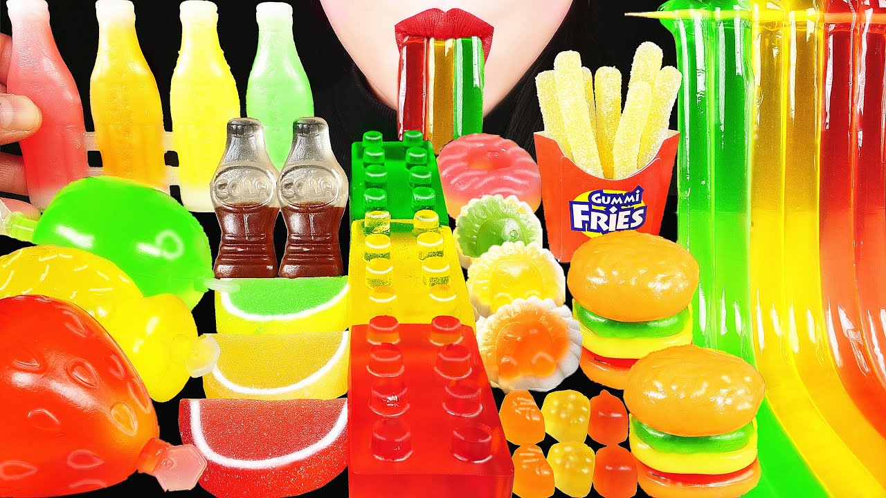 ASMR CANDY PARTY GUMMY FAST FOOD BURGERS COKE BOTTLE LEGO TIKTOK FRUIT ...