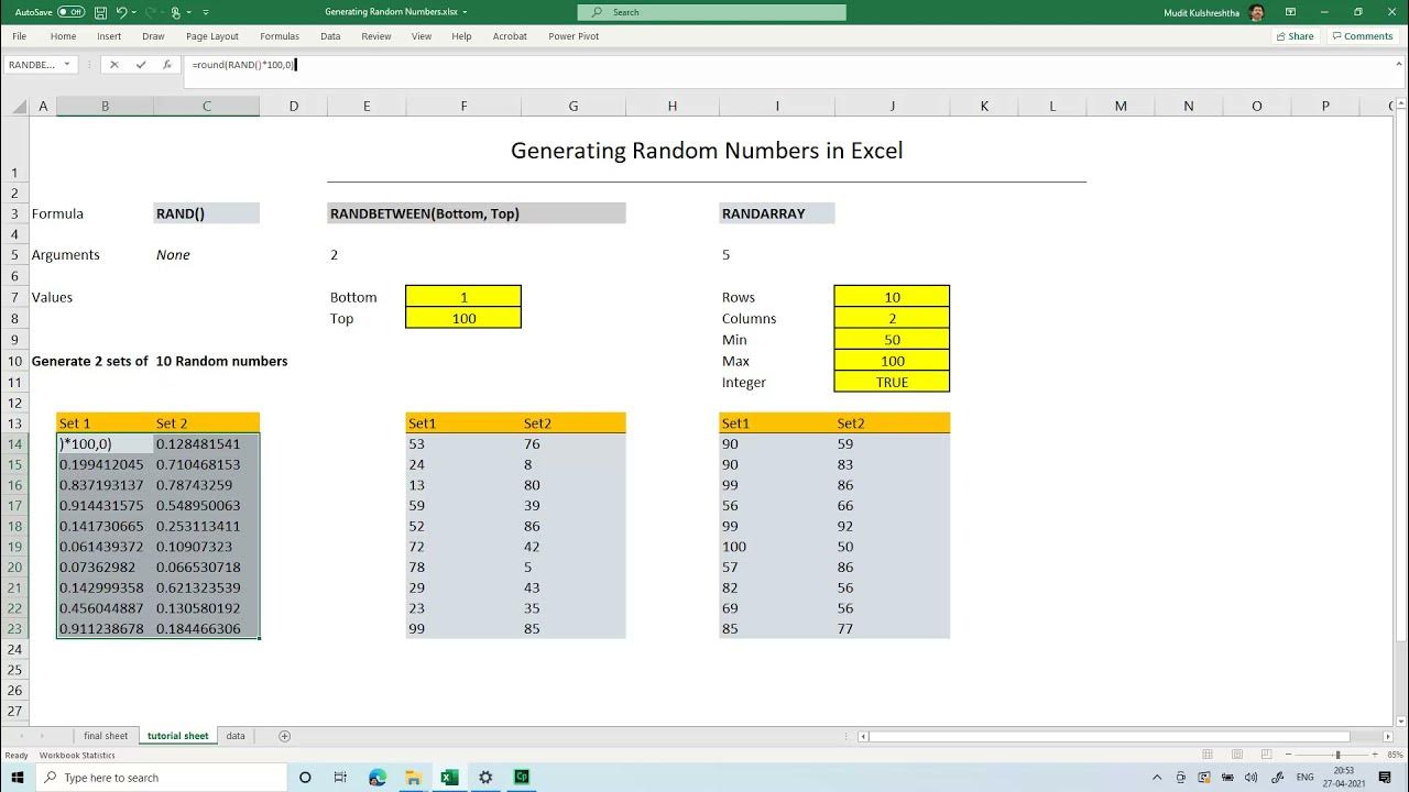 Tutorial 1.4 Statistics Using Excel: Generating Random Numbers Part 1 - YouTube
