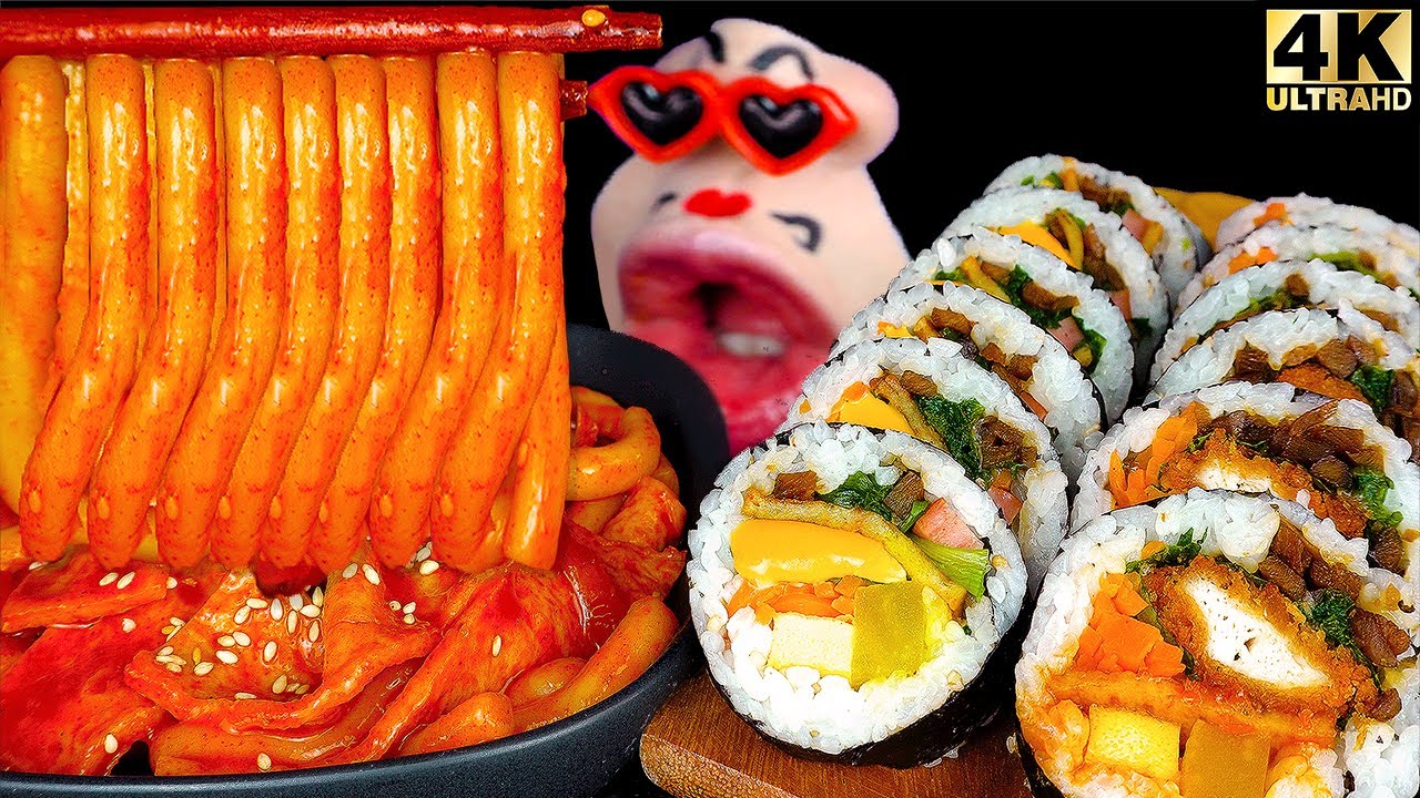 ASMR MUKBANG Red Spicy Rice Cake(Tteokbokki) & Rice Roll(Gimbap) REALSOUNDS EATING SHOW (4K ...