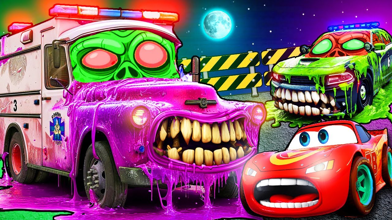 😱Horror Story | HUGE SLIME CARS ZOMBIE 🆚 McQueen😱| Flatbed Trailer in ...