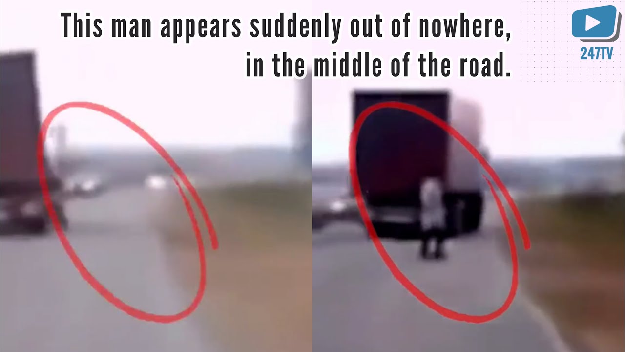 This man appears suddenly out of nowhere, in the middle of the road ...