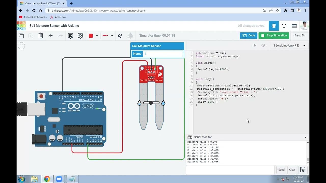 Soil Moisture Sensor & Arduino using Tinkercad - YouTube