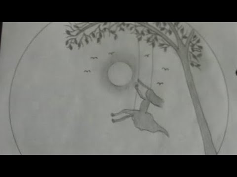 How To Draw A girl Swinging In A Tree / Moonlight Scenery / Beautiful ...