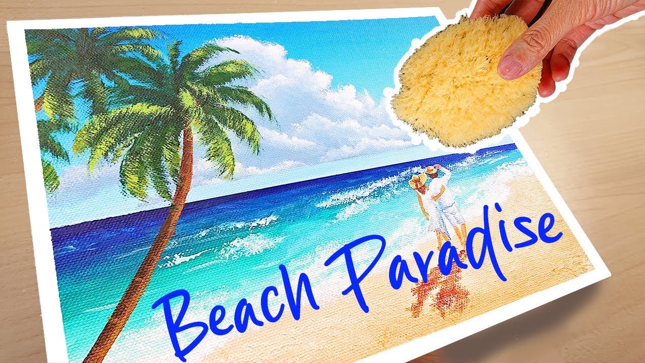 Painting Clouds & Beach with a Sponge (6 mins) | Beginner Acrylic ...