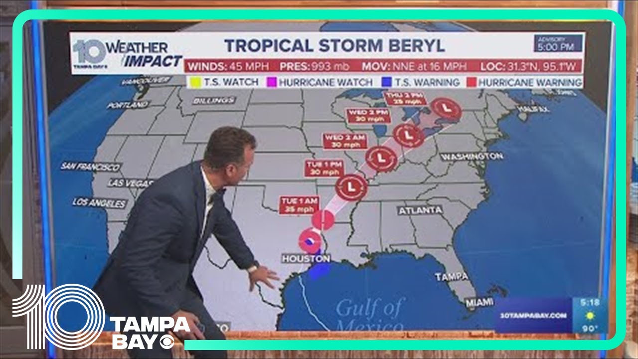 Tracking the Tropics: Tropical Storm Beryl moves inland - YouTube