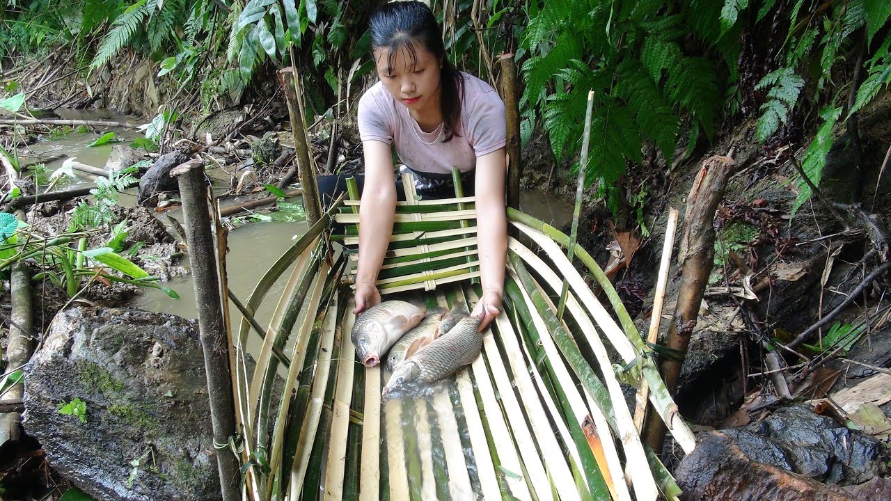 Fishing techniques - The girl who makes a simple fish trap catches fish ...
