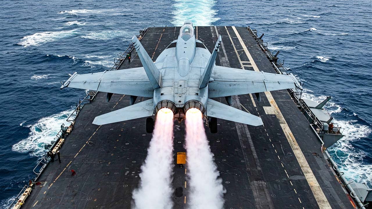 U.S. Navy Aircraft High Speed Takeoff on a Moving Aircraft Carrier ...