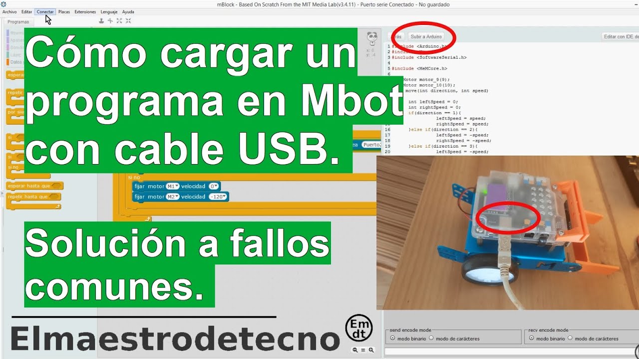 Cómo cargar un programa en el robot Mbot con cable USB y Mblock. Fallos ...