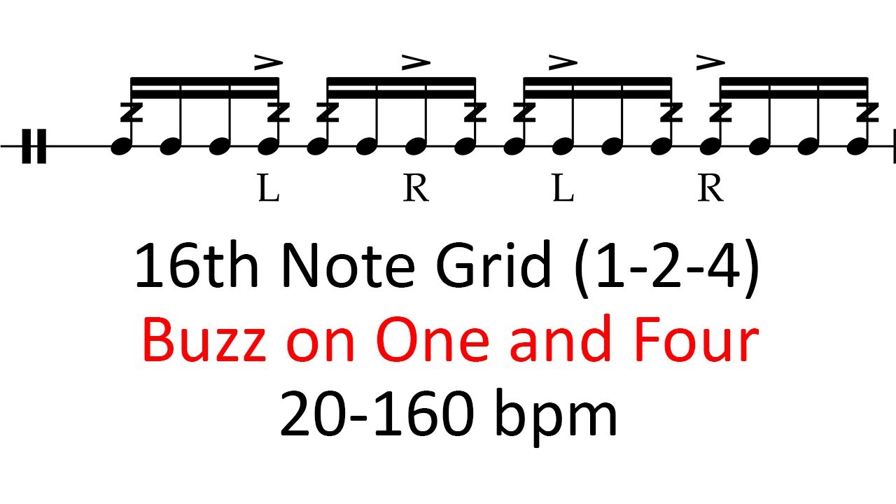 Buzz on one & four (1-2-4 accents) | 20-160 bpm play-along 16th note ...