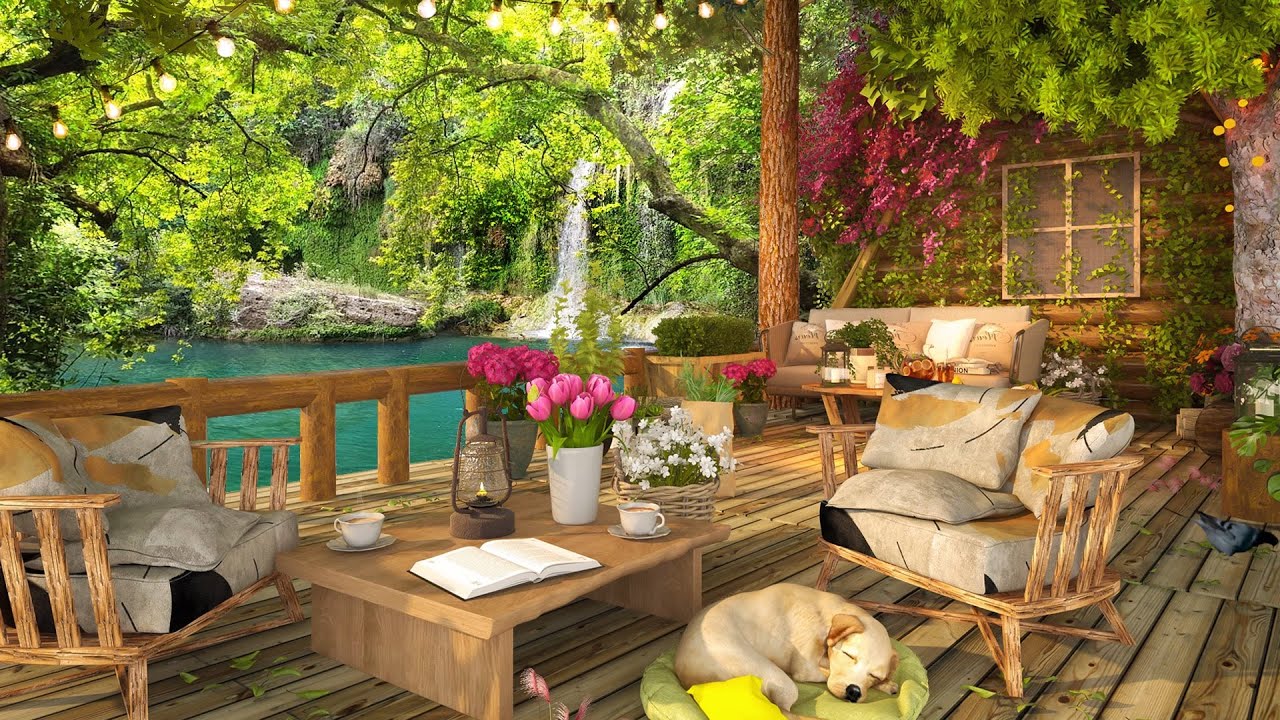 Beautiful Terrace by Spring Waterfall Ambience | Calm Meditation Music ...