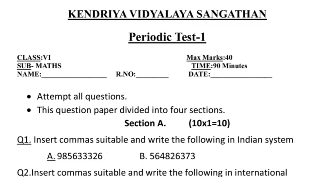 Class 6 Maths Periodic Test 1 Question paper (2022 - 2023) | Unit test ...
