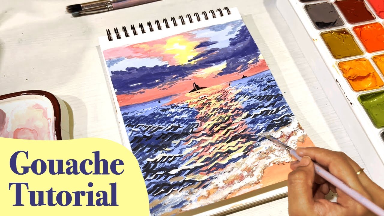 Gouache Painting Tutorial🌞 | Ocean Sunset 🌼🌿🌅 Miya Himi Gouache Paints ...