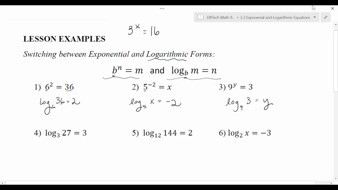 3.3.1 - Switching Between Exponential and Logarithmic Forms - YouTube
