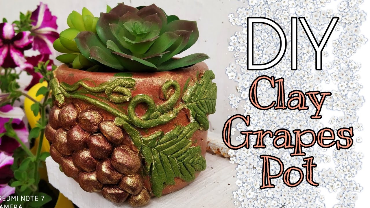 DIY Clay Pot Decorations with Clay Grape and leaves(Mural arts)🍇🍇 - YouTube