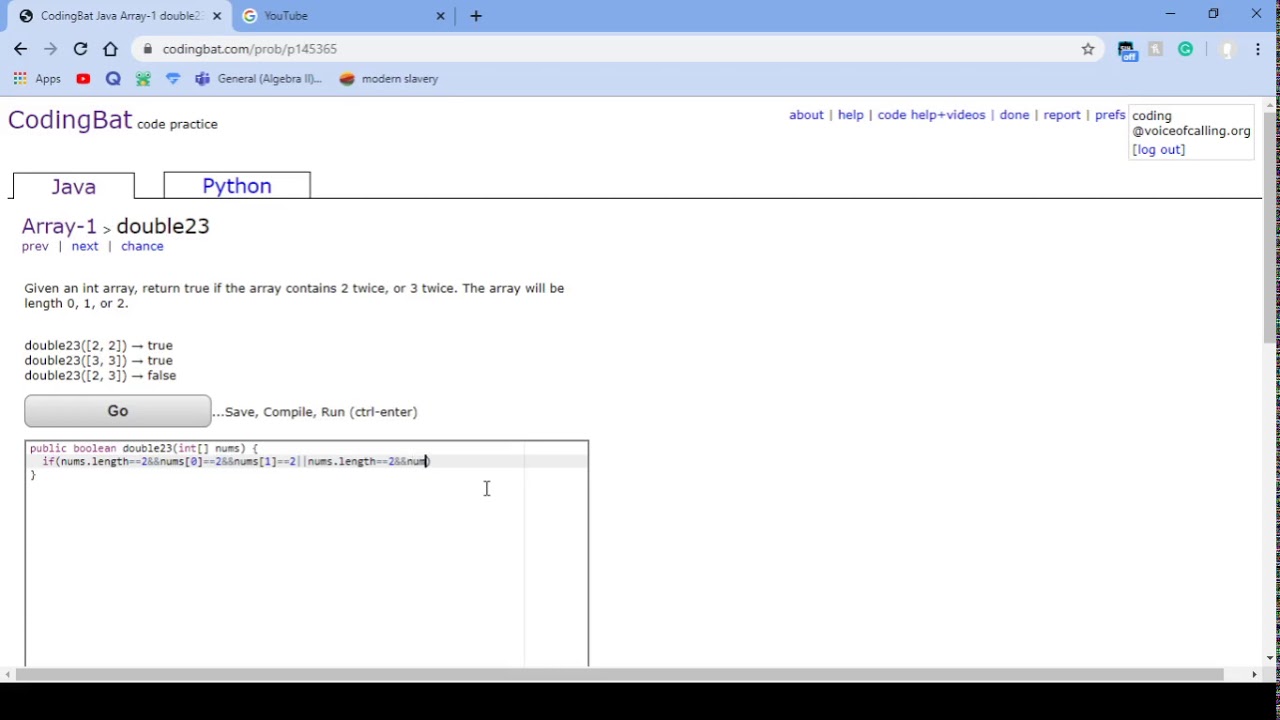 Array 1 (double23) Java Tutorial || codingbat.com - YouTube Array 1 (double23) Java Tutorial || codingbat.com - YouTube