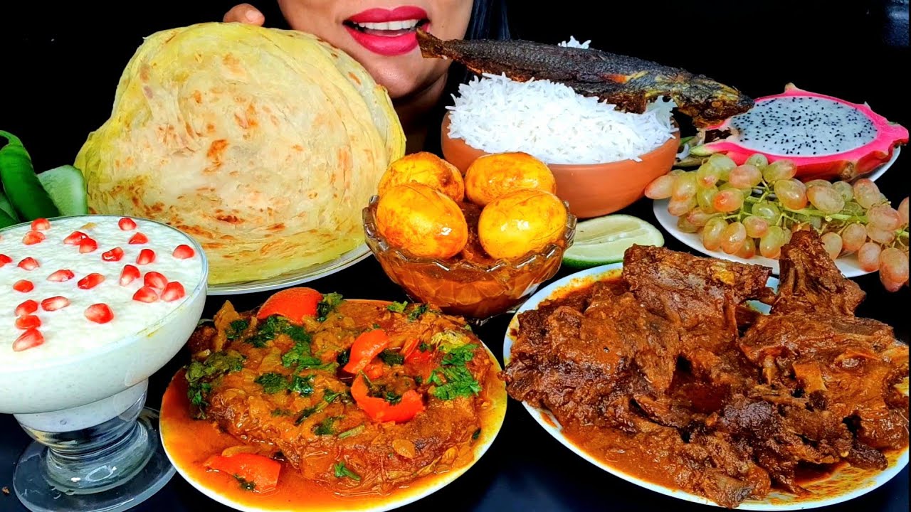 ASMR:SPICY MUTTON KALA BHUNA +SPICY ROHU FISH BHUNA+EGG JHAL+POROTA ...