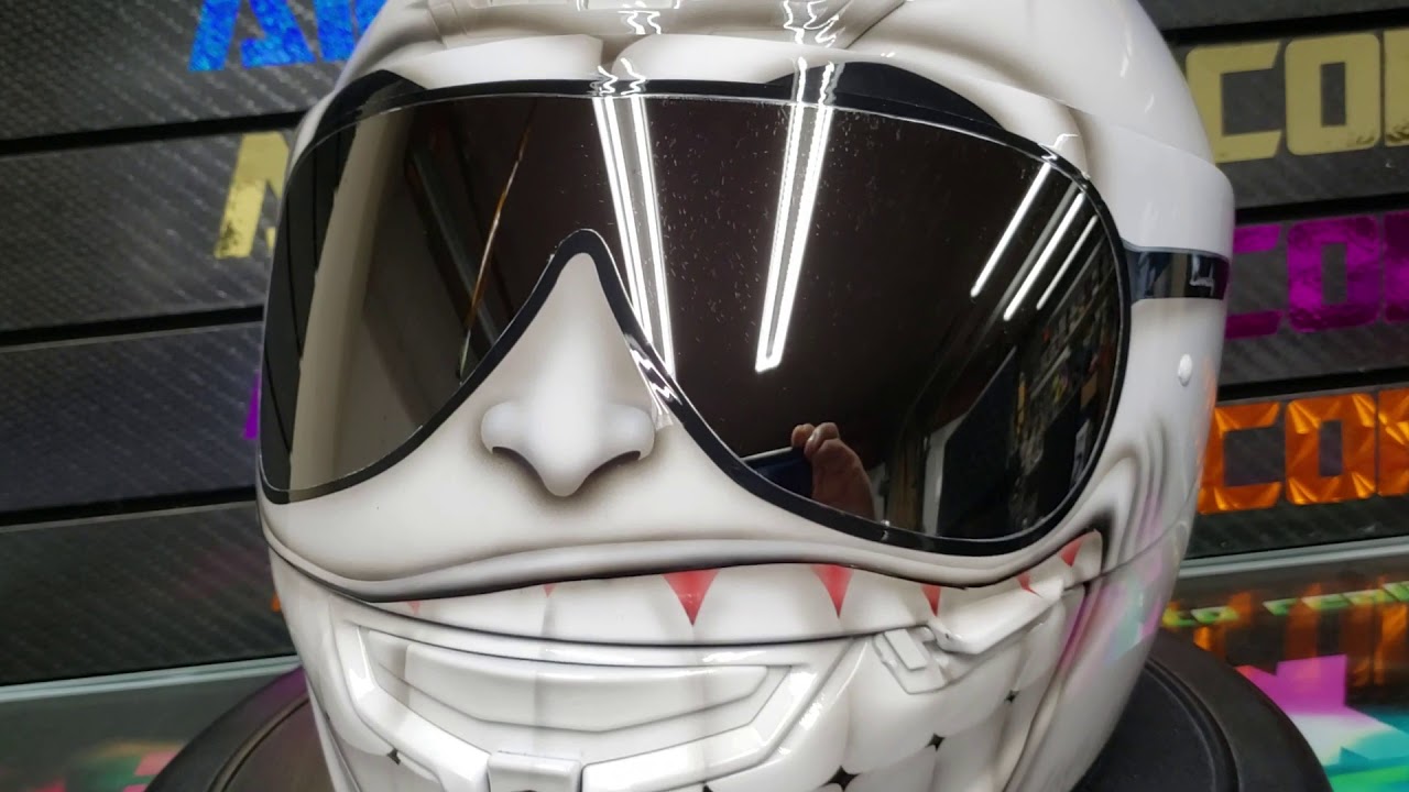 Custom painted white Smiley face helmet with aviators - YouTube