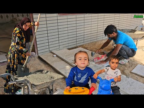 Mahmoud Tiles the House Porch | Azam Cooks Rice & Kebab for Lunch & Washes Blankets 🍚🧱🧺